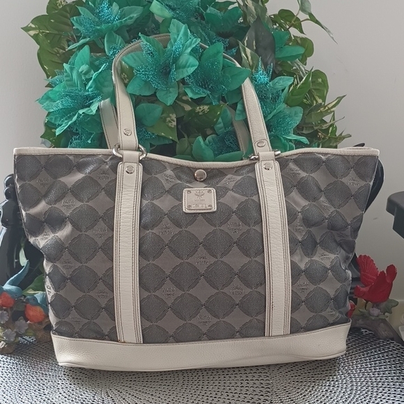 MCM | Bags | Mcm Gray Geometric Tote Bag With Leather Trim | Poshmark